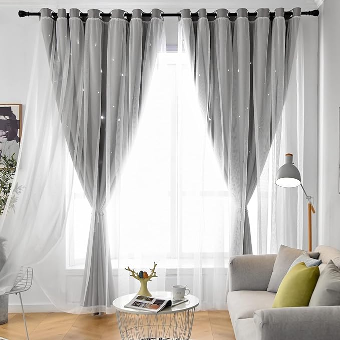 Set draperie blackout si perdea din voal, tip panou, lucrate pe inele ...