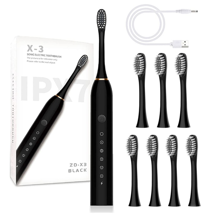 Elektromos fogkefe, 6 üzemmód, 960 órás autonómia, IPX7, 8 puha fej, fekete - eMAG.hu