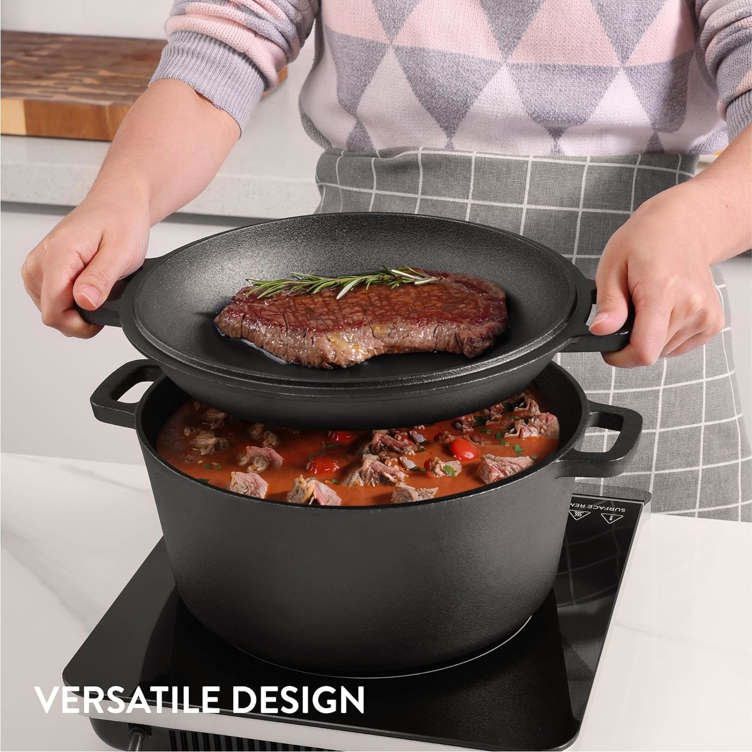 Oala cuptor olandez cu capac Navaris din fonta, 4.7 l, 2in1, pentru ...