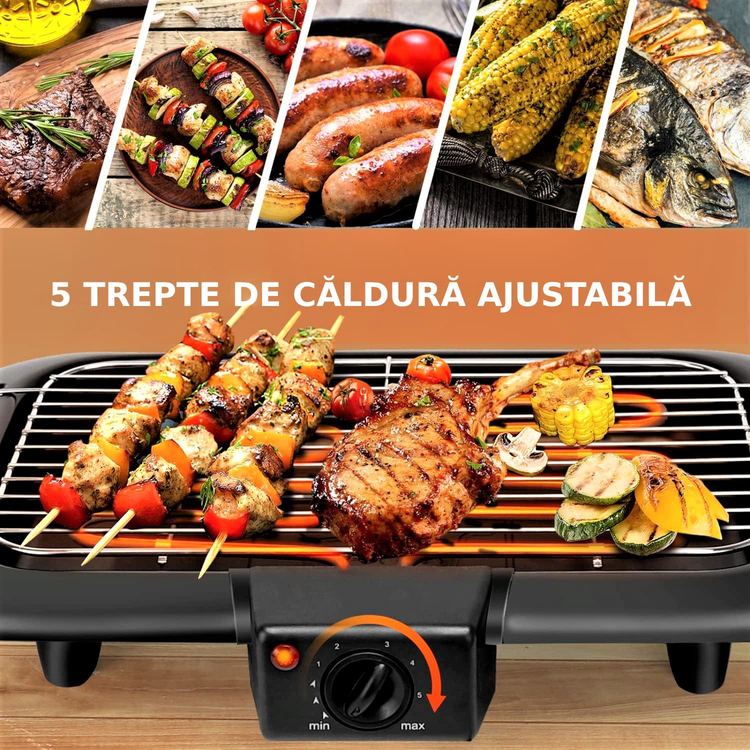 Gratar Electric Tasty Fara Fum, 2000W, Termostat cu 5 Trepte, Grill ...