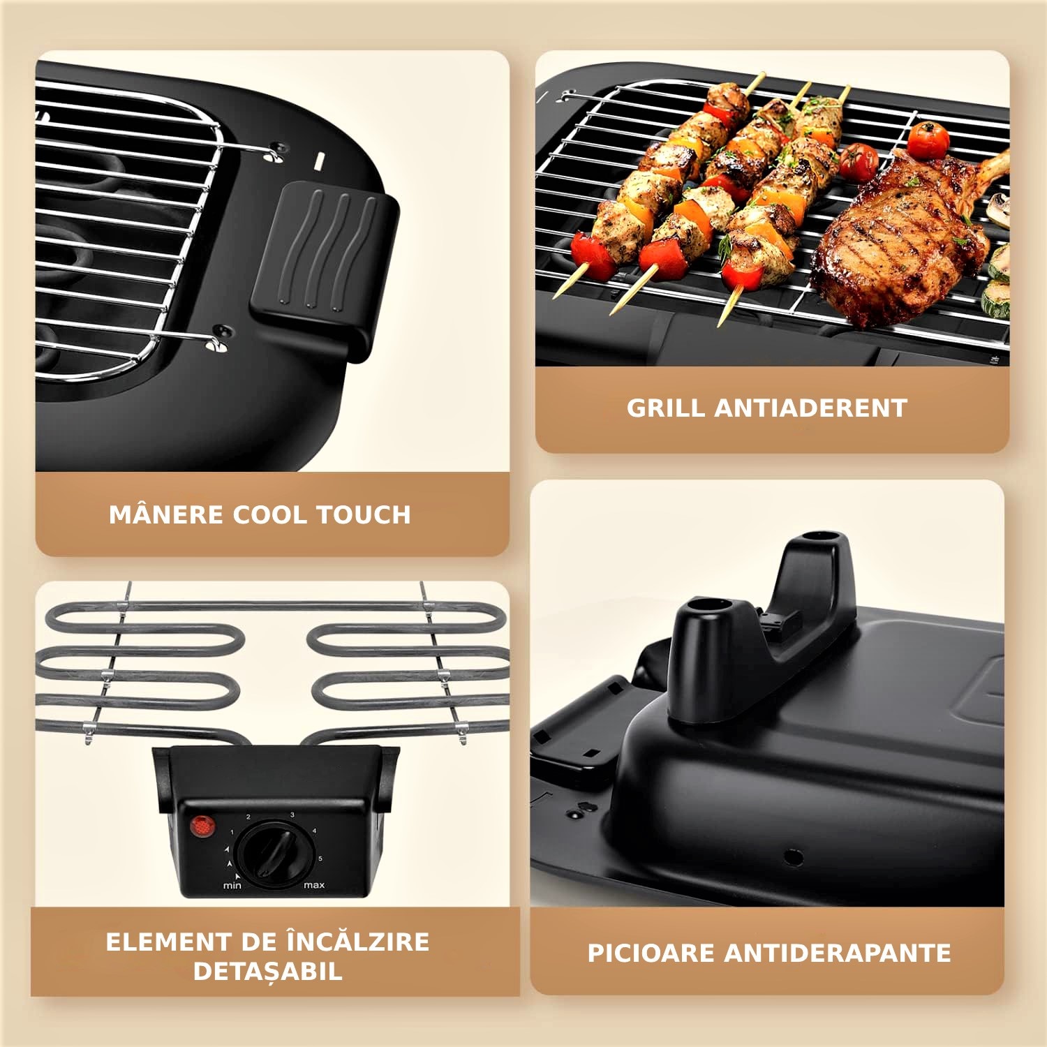 Gratar Electric Tasty Fara Fum, 2000W, Termostat cu 5 Trepte, Grill ...