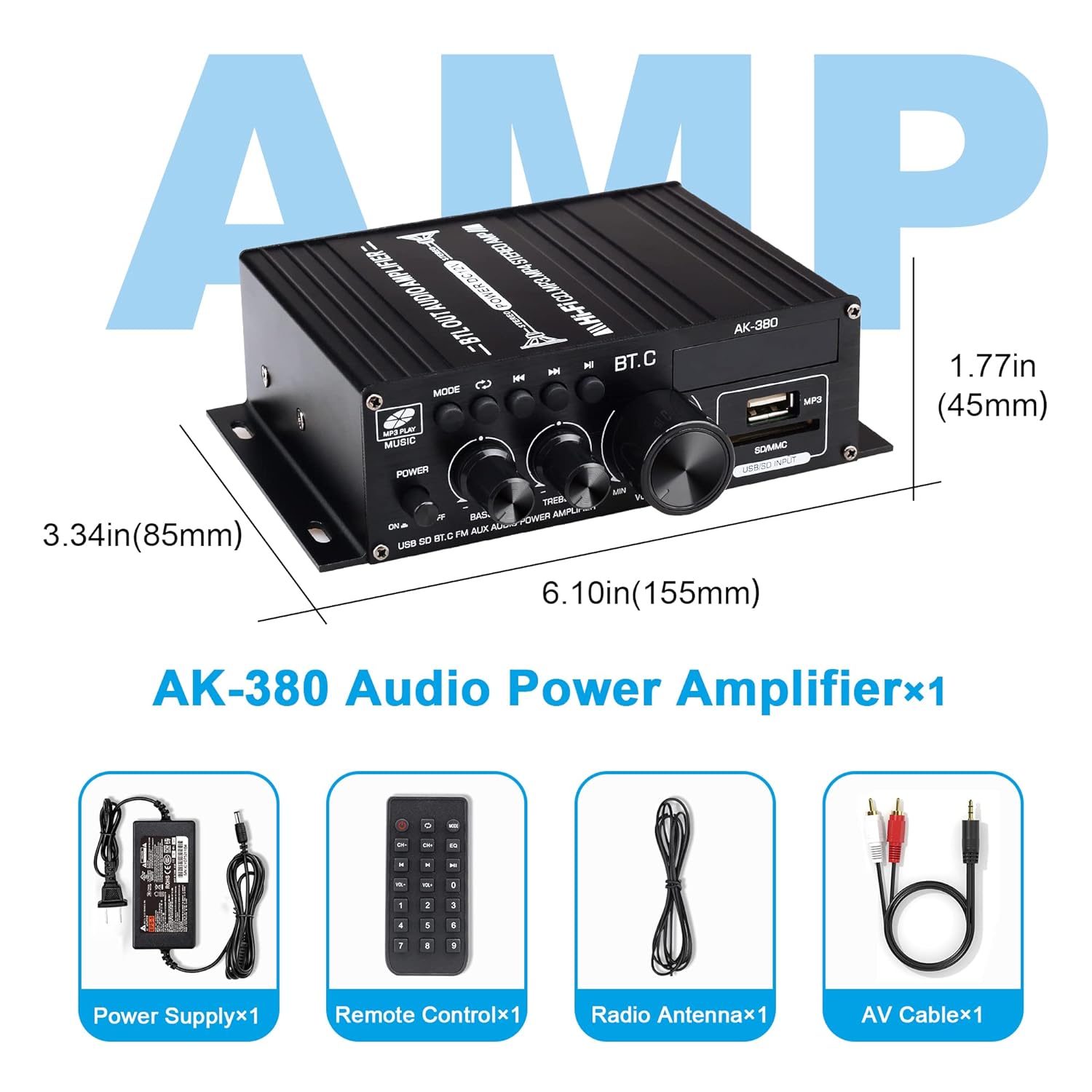 Amplificator audio cu adaptor alimentator si telecomanda, Excitat®, 12V ...
