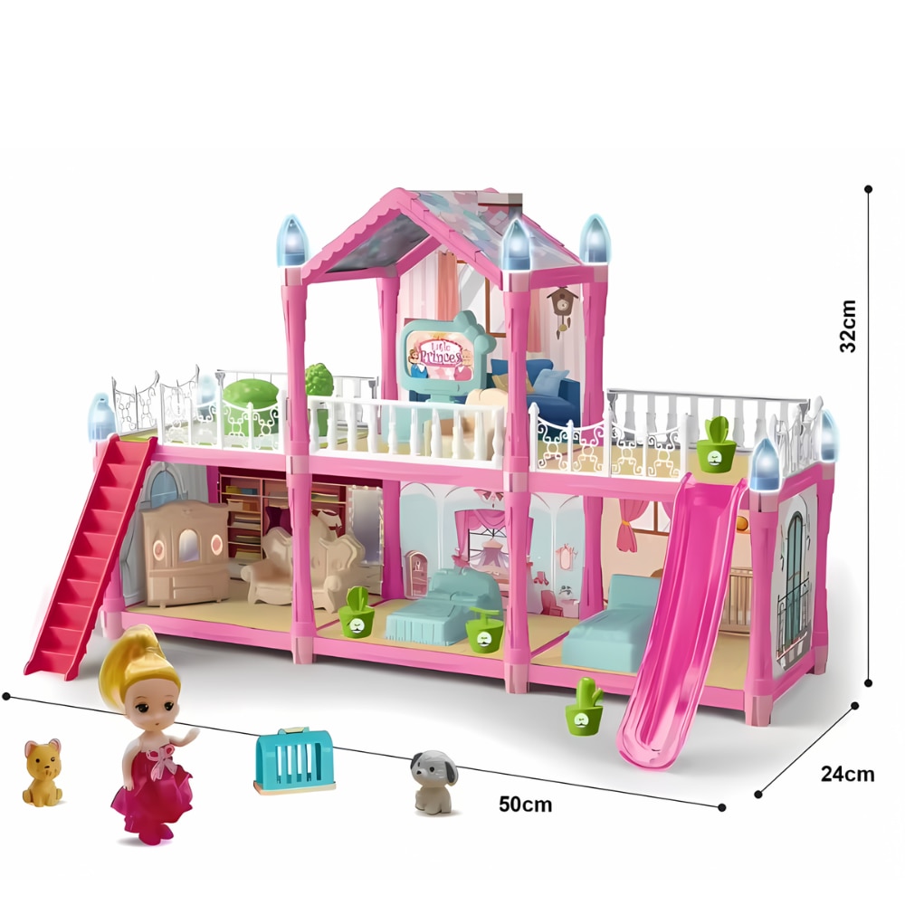 Casuta pentru papusi cu 2 etaje, 4 camere, scari, topogan, mobilier ...