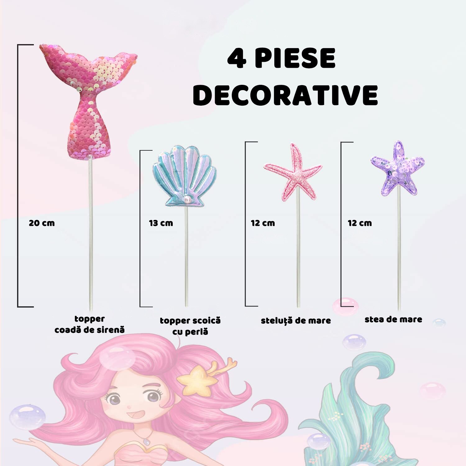 Set Decorativ pentru Tort cu 4 Piese - Topper Coada de Sirena, Scoica ...