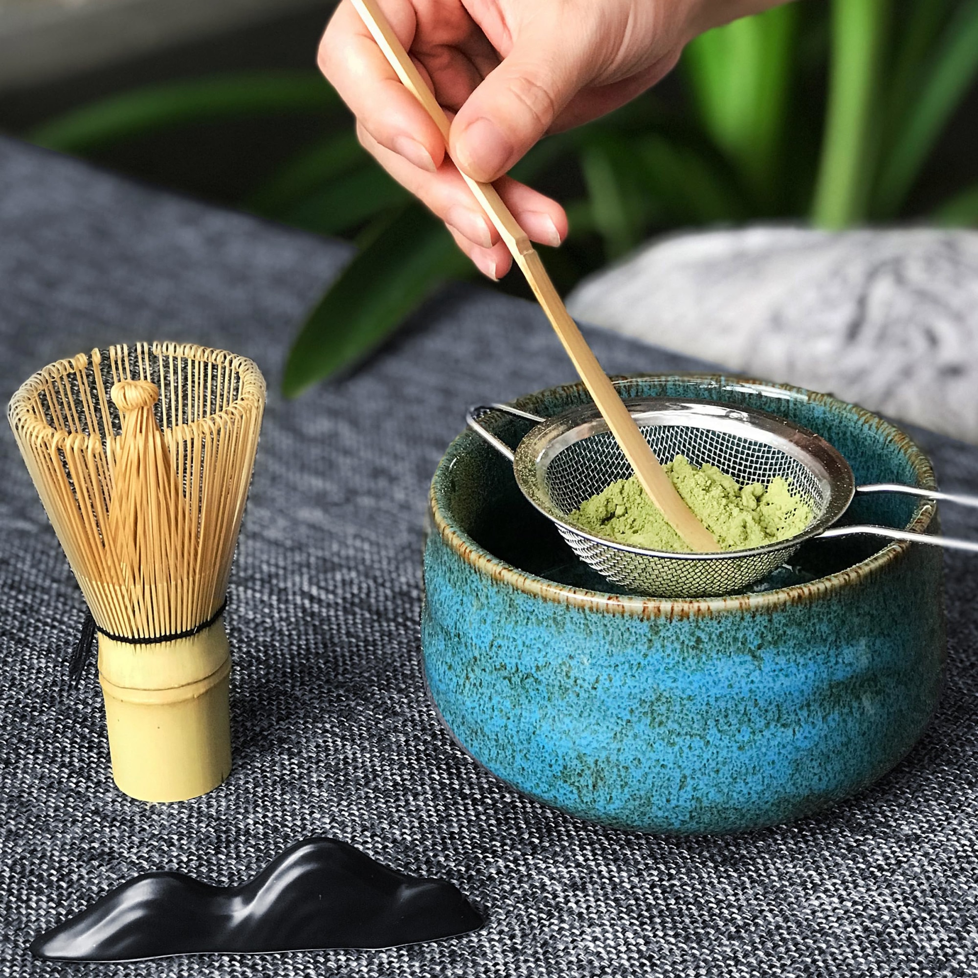 Set de ceai Matcha, EXCITAT®, Bambus/Ceramica, 7 bucati, Albastru - eMAG.ro