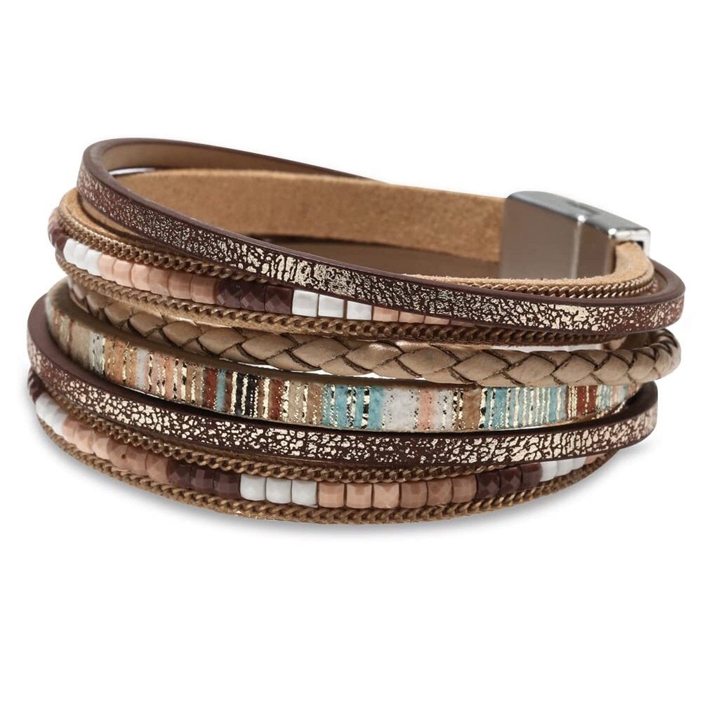 Bratara multistrat pentru femei, piele ecologica, maro, 19.5x2cm - eMAG.ro