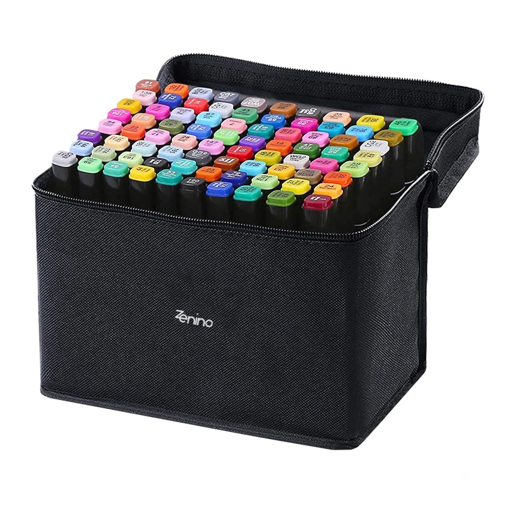 Set 80 Markere Zenino, 2 Varfuri, Culori Intense, Geanta de Depozitare ...