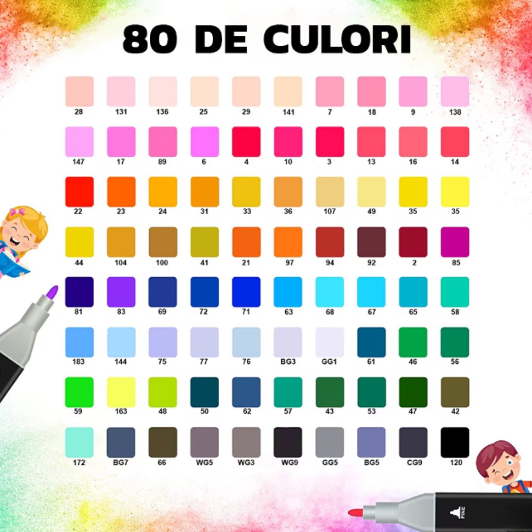 Set 80 Markere Zenino, 2 Varfuri, Culori Intense, Geanta de Depozitare ...