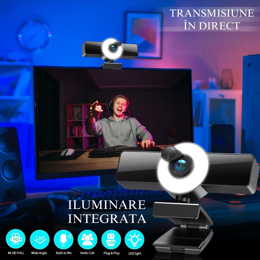Camera Web 4K Full HD, Webcam 8 Milioane de pixeli, Microfon Dual ...