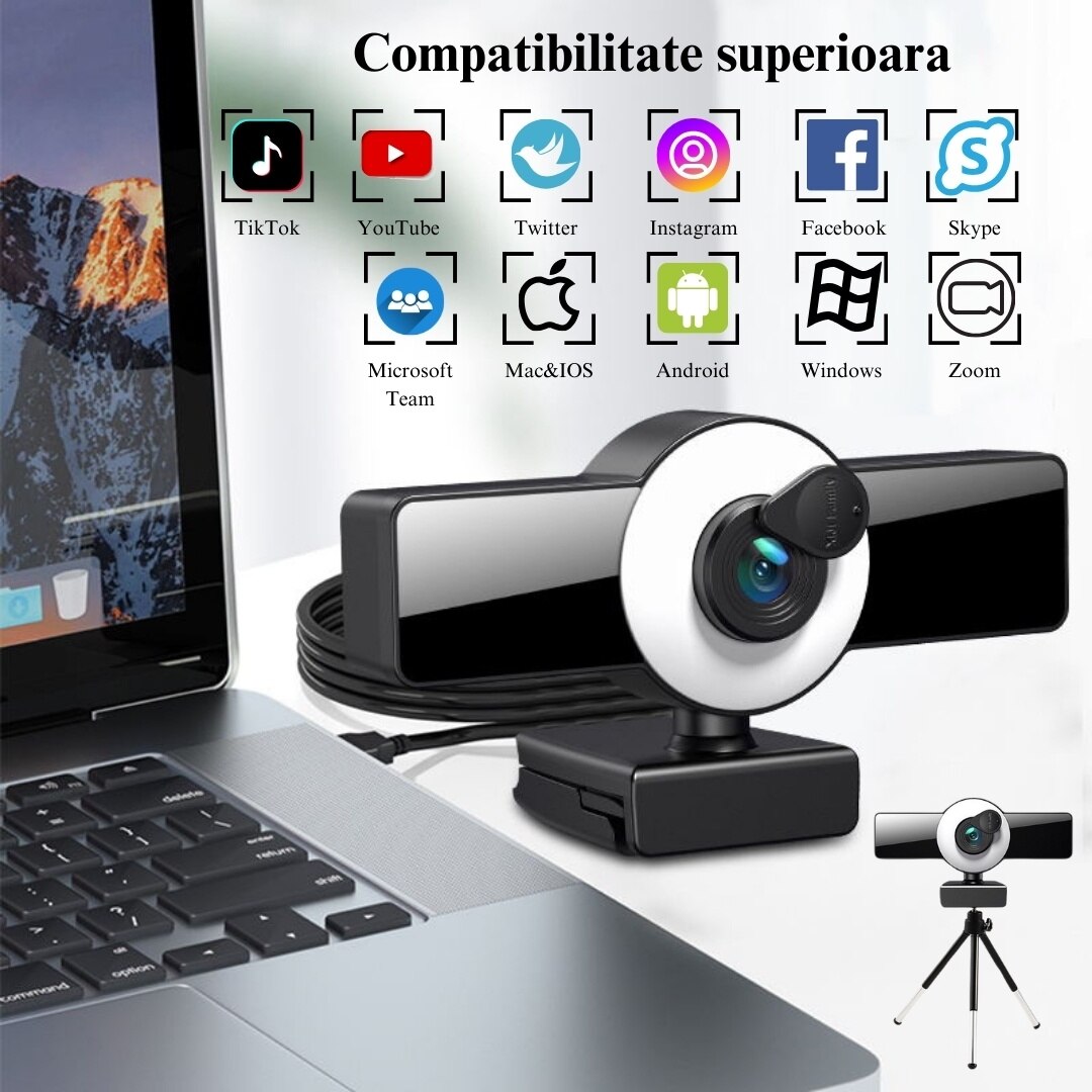 Camera Web 4K Full HD, Webcam 8 Milioane de pixeli, Microfon Dual ...