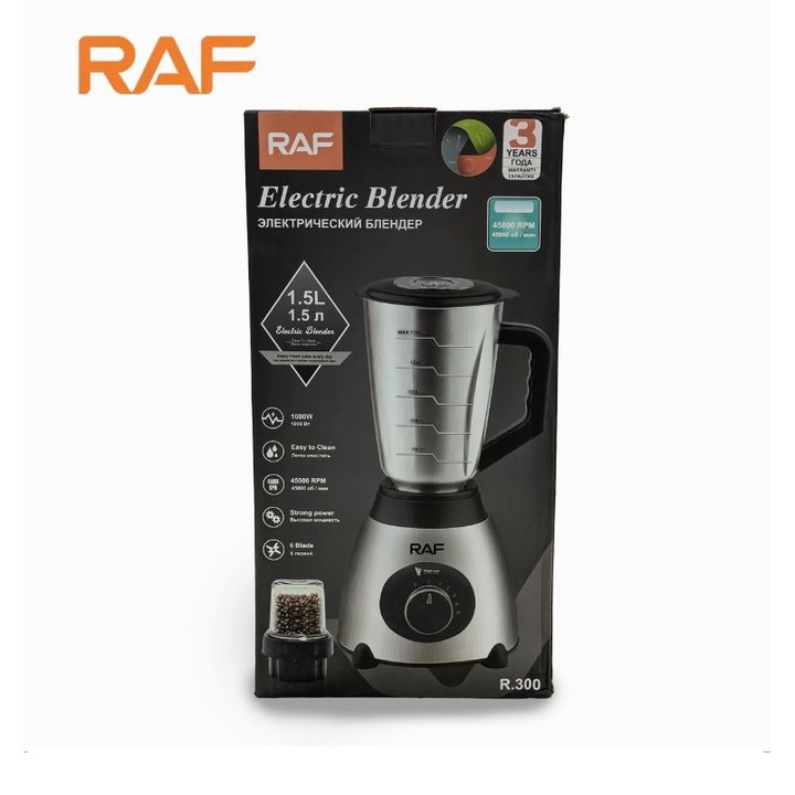 Blender Electric RAF cu Bol din Inox si Rasnita pentru Cafea din Sticla, Capacitate de 1, 5L ...