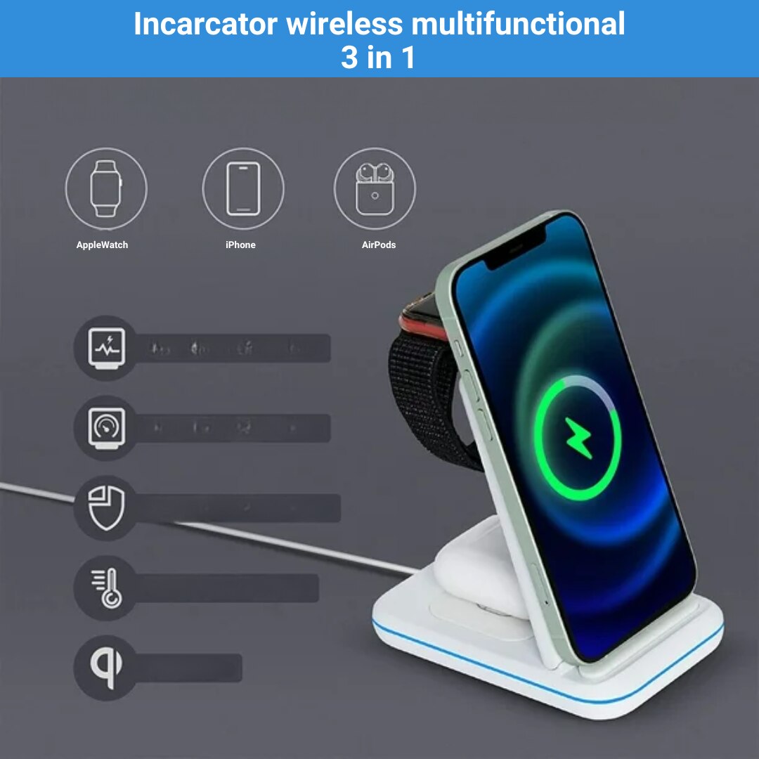 Incarcator wireless pliabil 3 in 1, iPhone, AppleWatch, AirPods ...