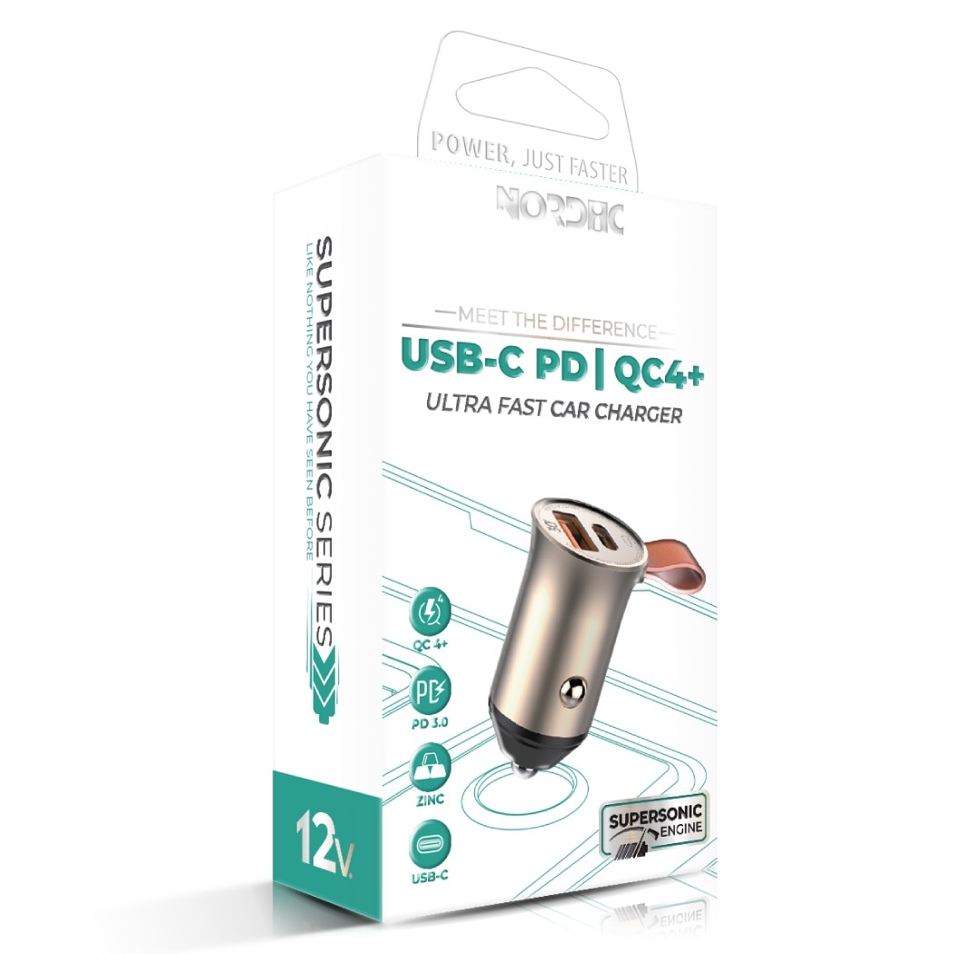 Зарядно устройство 12V NORDIC 30W, USB-A, USB-C, + кабел Type-C - Type ...