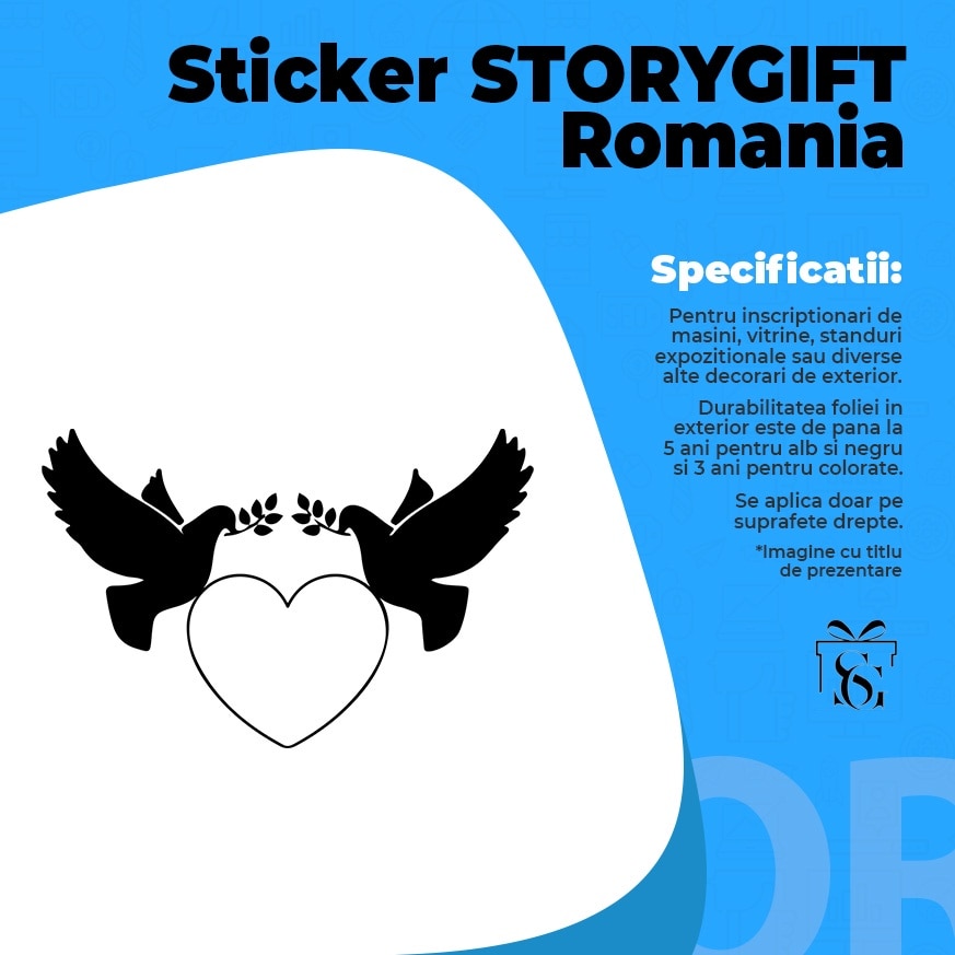 Sticker Exterior cu 2 porumbei si cu o inimioara - pace, Vinyl Negru ...
