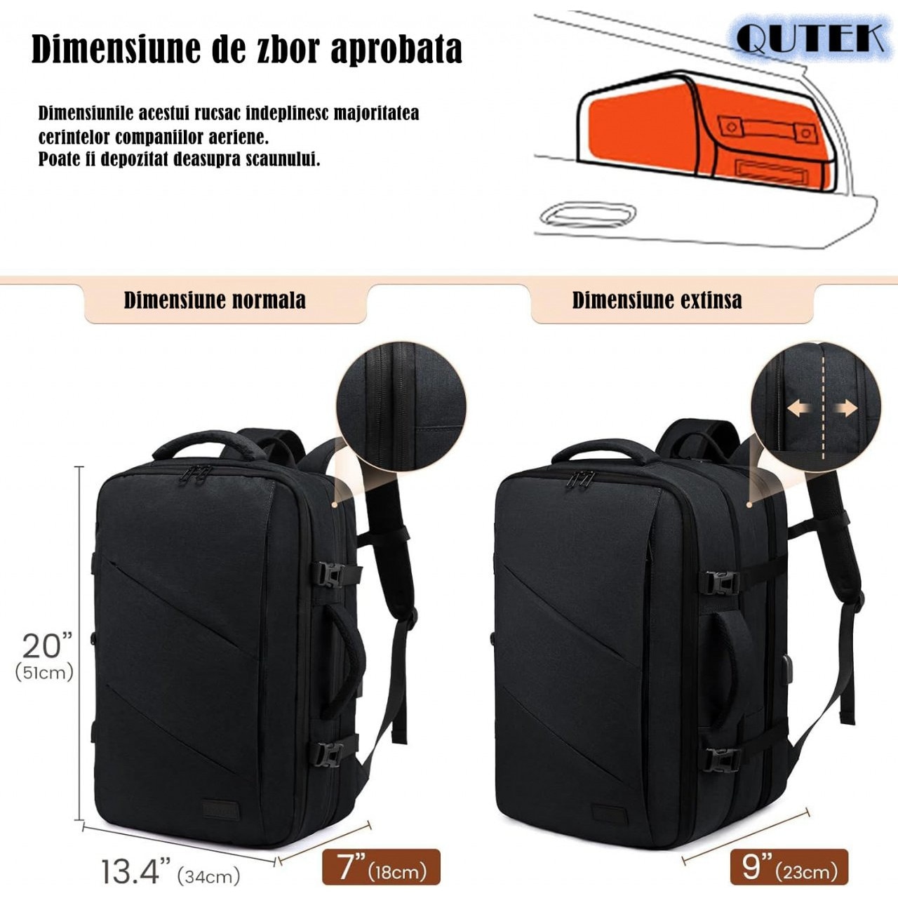 Rucsac travel QuTek, impermeabil, expandabil pana la 40L, bagaj pentru ...