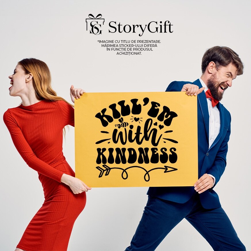 Външен стикер с пчела и сърца с текст "Uc*de-i cu bunatate", черен винил, 70 см - eMAG.bg