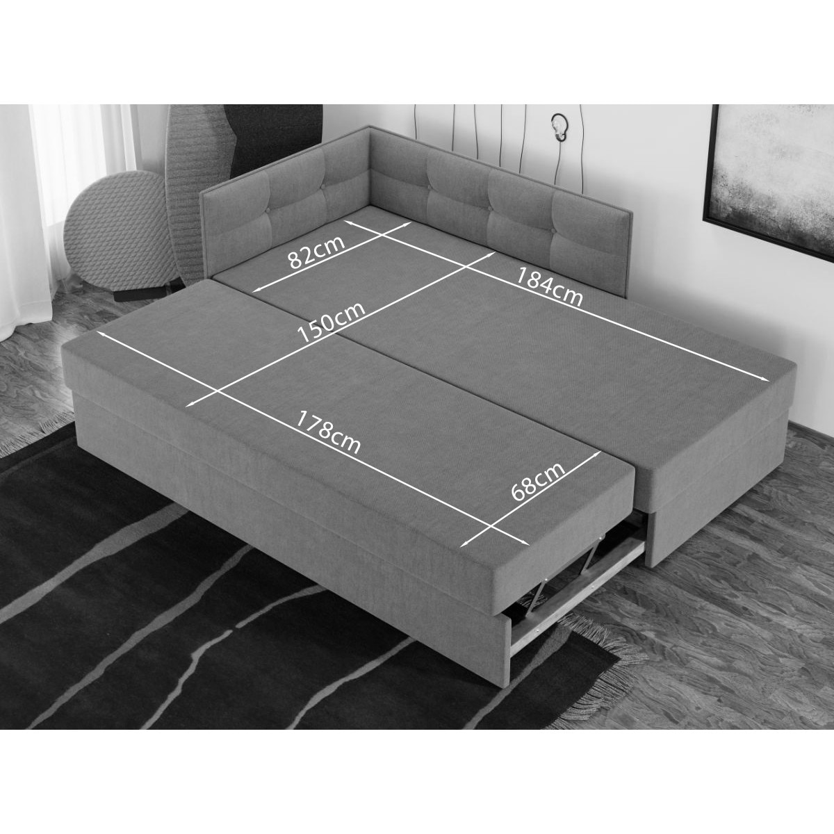 Pat o persoana Story, extensibil, tapitat stofa, 187 x 86 x 83 cm, Gri ...