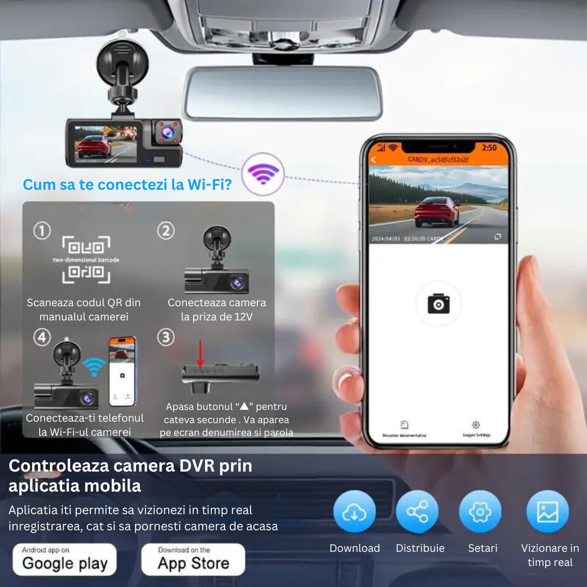 Camera Auto Tripla de bord Full HD 1080P VisionHub®, WIFI, G-Senzor ...