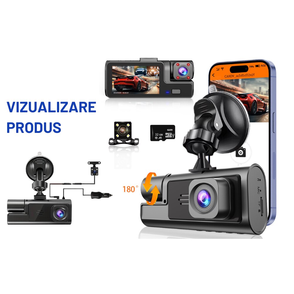 Camera Auto Tripla de bord Full HD 1080P VisionHub®, WIFI, G-Senzor ...