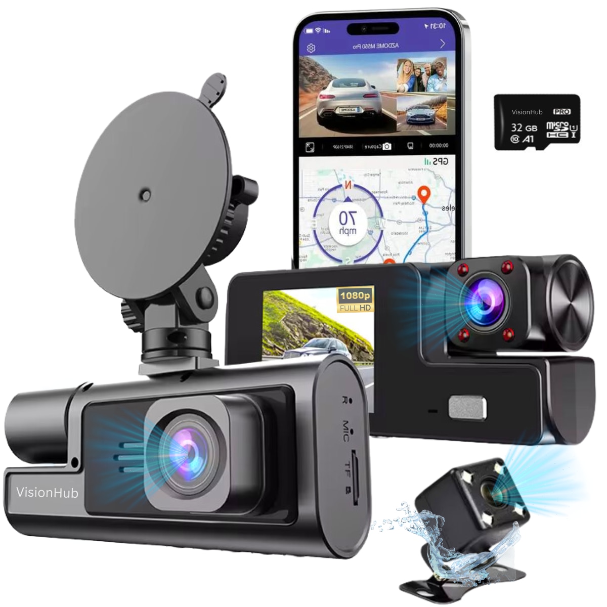 Camera Auto Tripla de bord Full HD 1080P VisionHub®, WIFI, G-Senzor ...