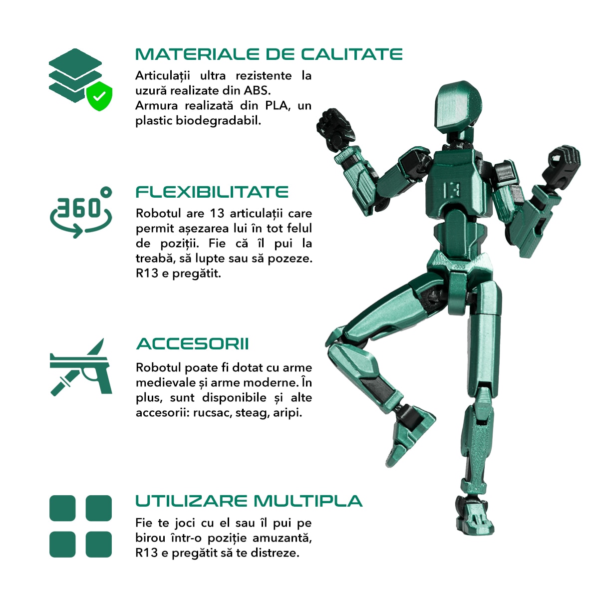 Robot jucarie cu articulatii R13, mediu, 16, 5cm, imprimat 3D, verde ...