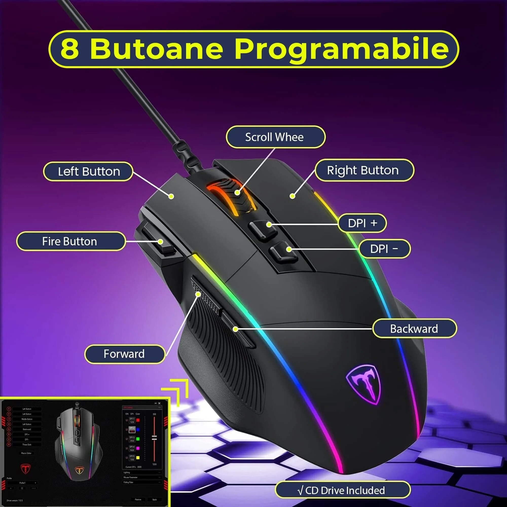 Mouse Gaming RGB Timebox, USB, 1000Hz, 5000 DPI Reglabil, 5 Butoane ...