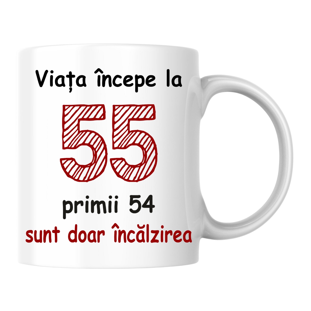 Cana personalizata - Viata incepe la 55 de ani, v2, alba, 330 ml - eMAG.ro