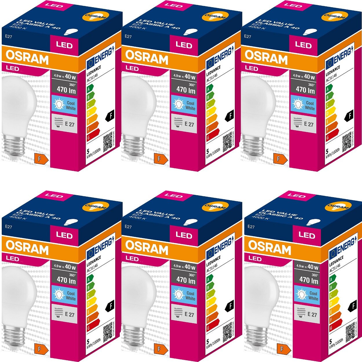 Set 6 Becuri LED, Osram, E27, 40W, 470 lm, 4000K, Clasa F - eMAG.ro
