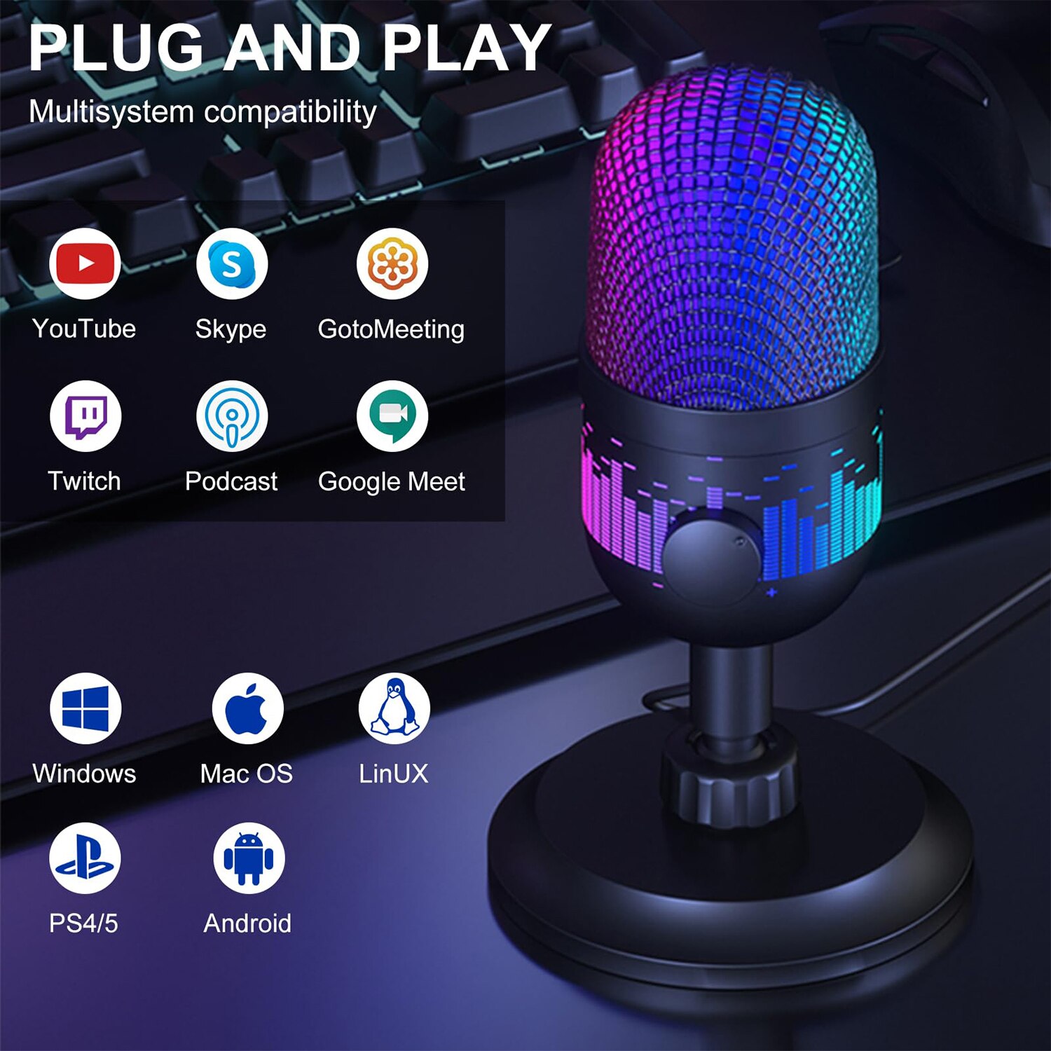 Microfon condensator gaming, RGB, USB, noise reduction, negru - eMAG.ro