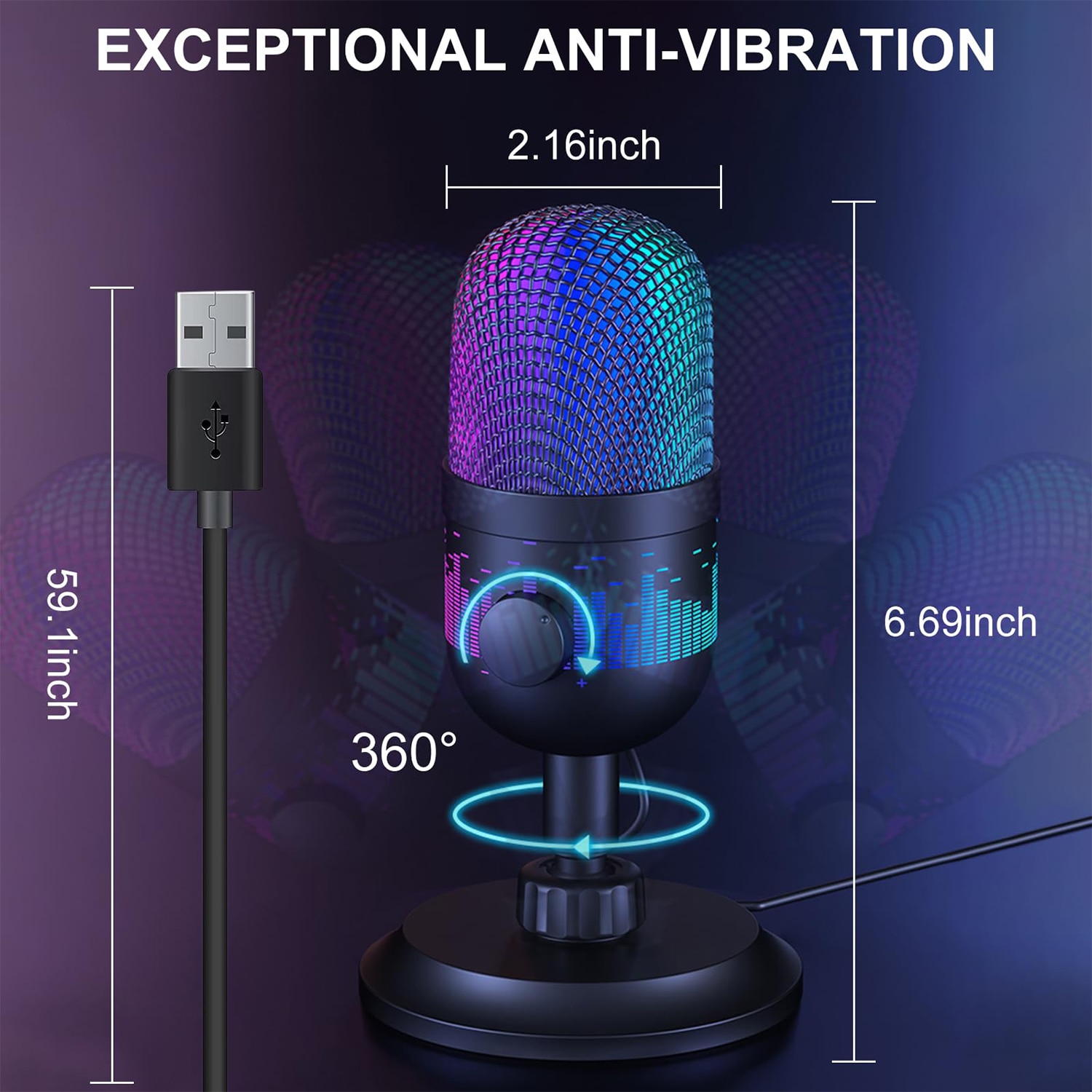 Microfon condensator gaming, RGB, USB, noise reduction, negru - eMAG.ro