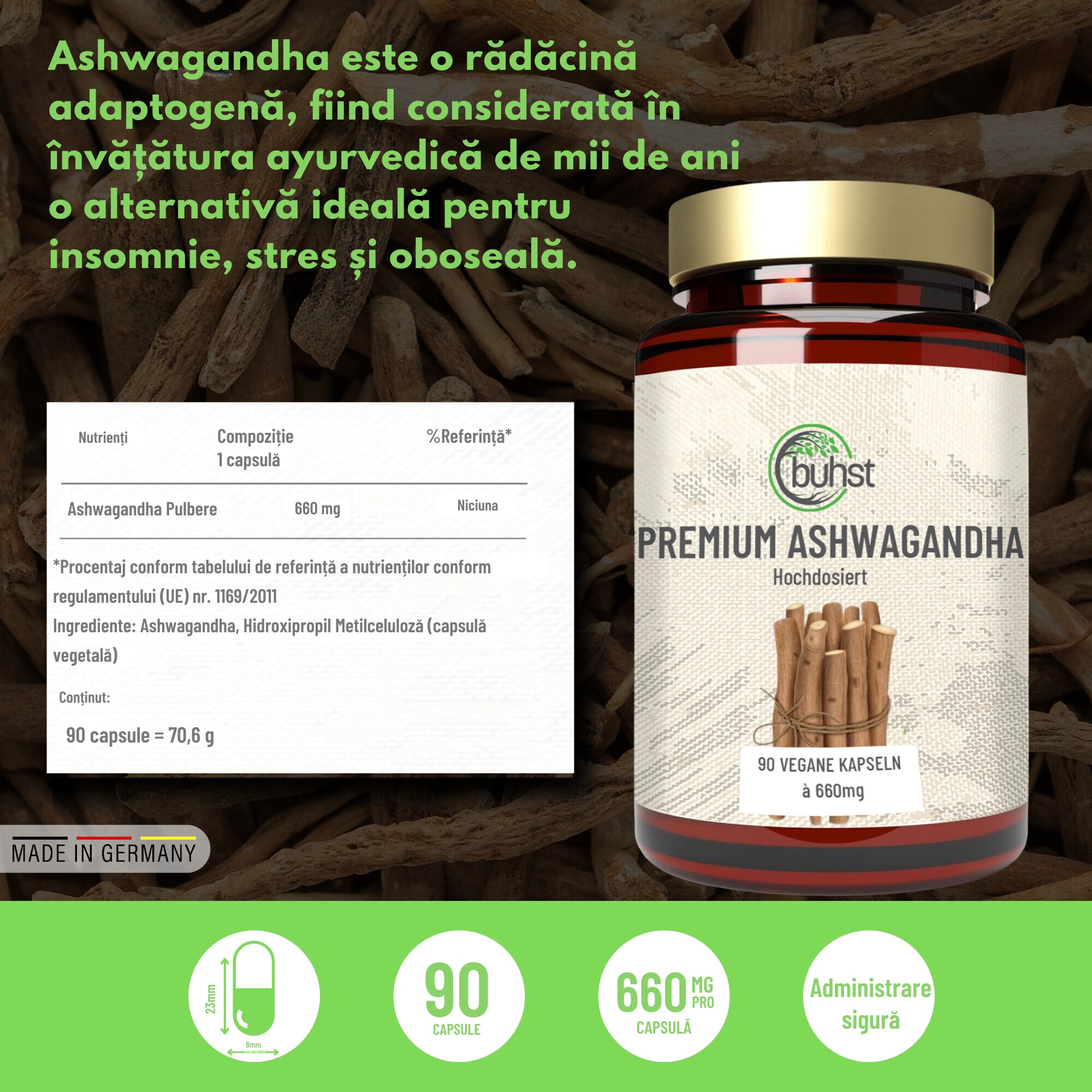 Supliment Alimentar Ashwagandha Premium, BUHST, 660mg dozaj inalt ...