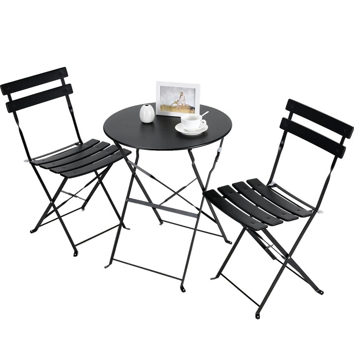 Set mobilier pentru balcon, masa si 2 scaune pliabile, negru, design ...