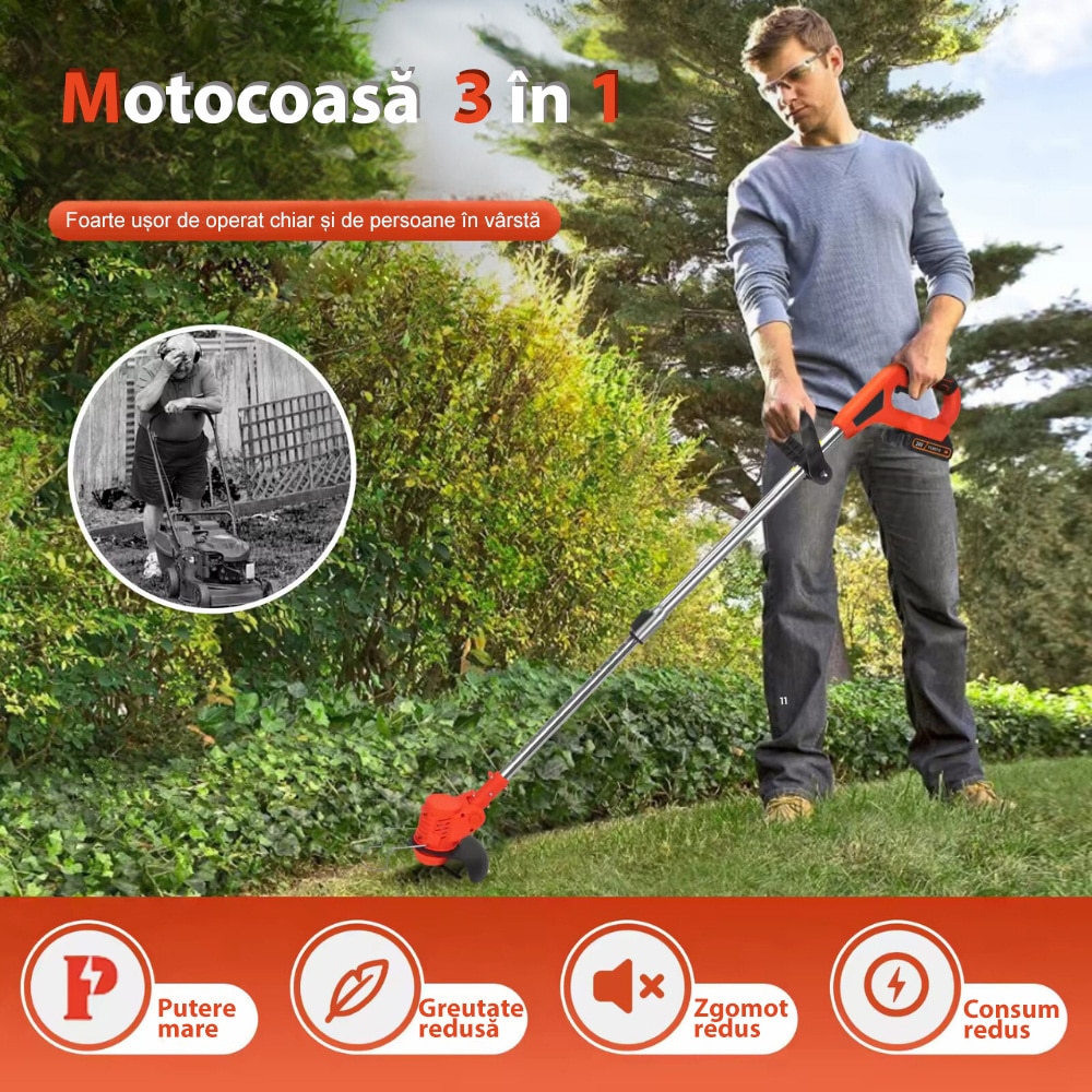 Motocoasa fara fir cu acumulator, telescopica, cu accesorii si 3 tipuri ...