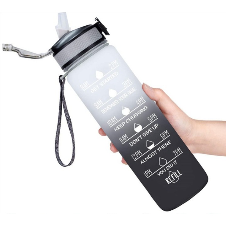 Bidon gradat apa, 29 x 7.5 cm,1000 ml, Tritan, 32oz, marcaj timp, pai ...