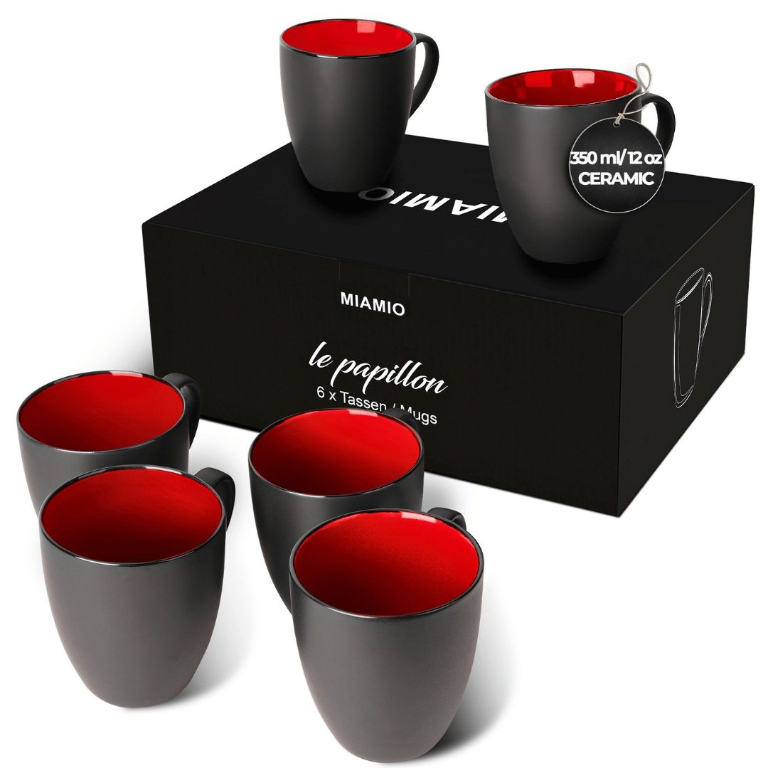 Set 6 Cani de cafea, colectia Le Papillon, ceramica, interior rosu, 350 ...