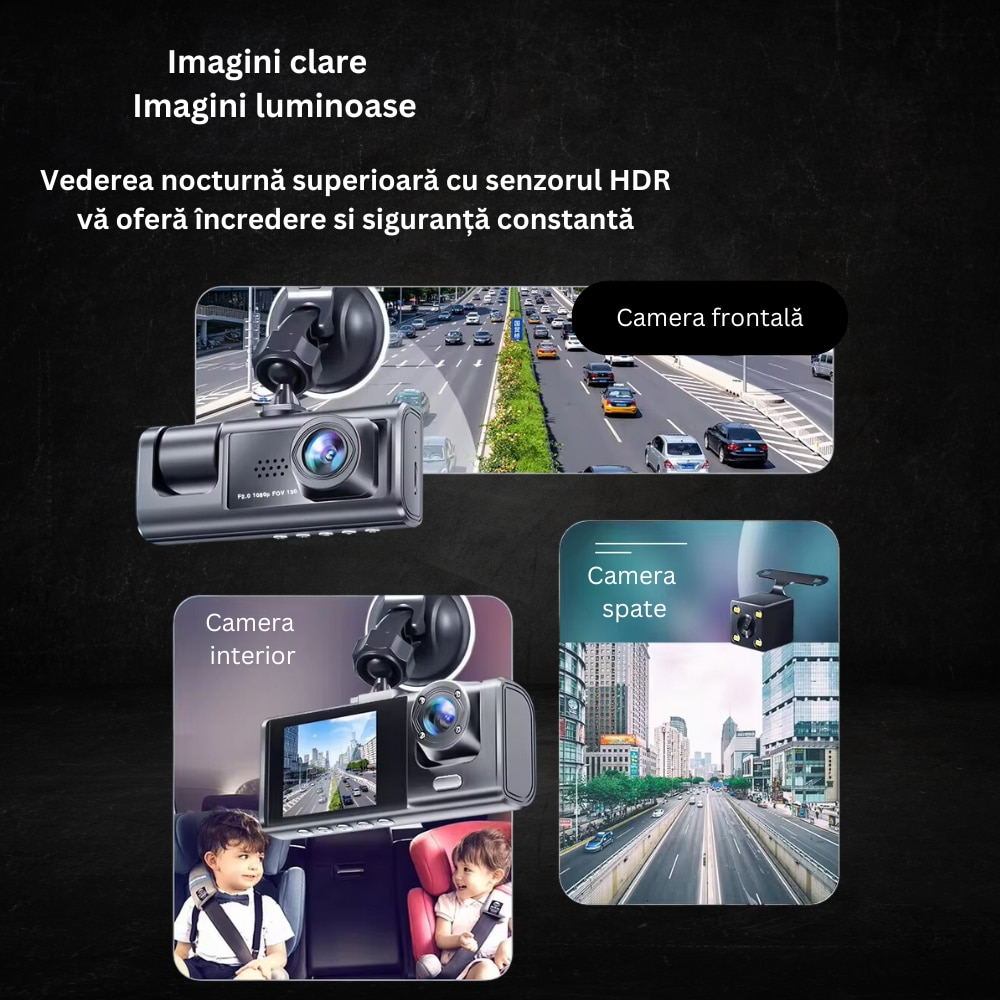 Camera video auto tripla de bord, WIFI, Full HD 1080P, 3 Lentile, Unghi ...