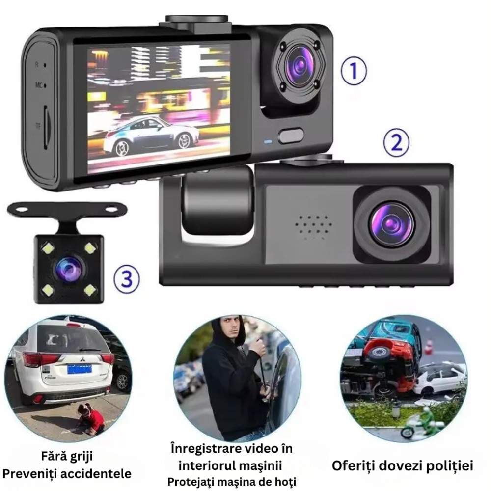 Camera video auto tripla de bord, WIFI, Full HD 1080P, 3 Lentile, Unghi ...