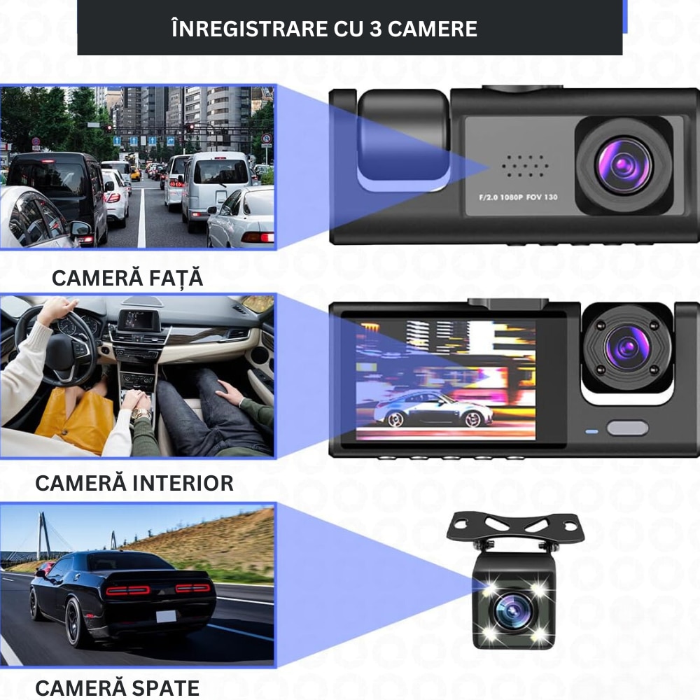 Camera video auto tripla de bord, WIFI, Full HD 1080P, 3 Lentile, Unghi ...