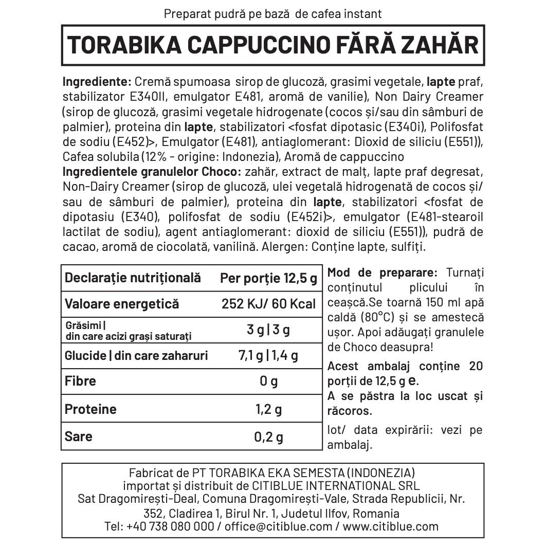 Set 12 pungi ToraBika Cappuccino Fara Zahar (12 pungi x 20 plicuri x 12 ...