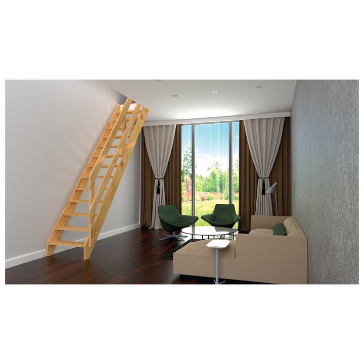 Scara de interior Rustic, 60 cm latime, din brad, cu balustrada - eMAG.ro