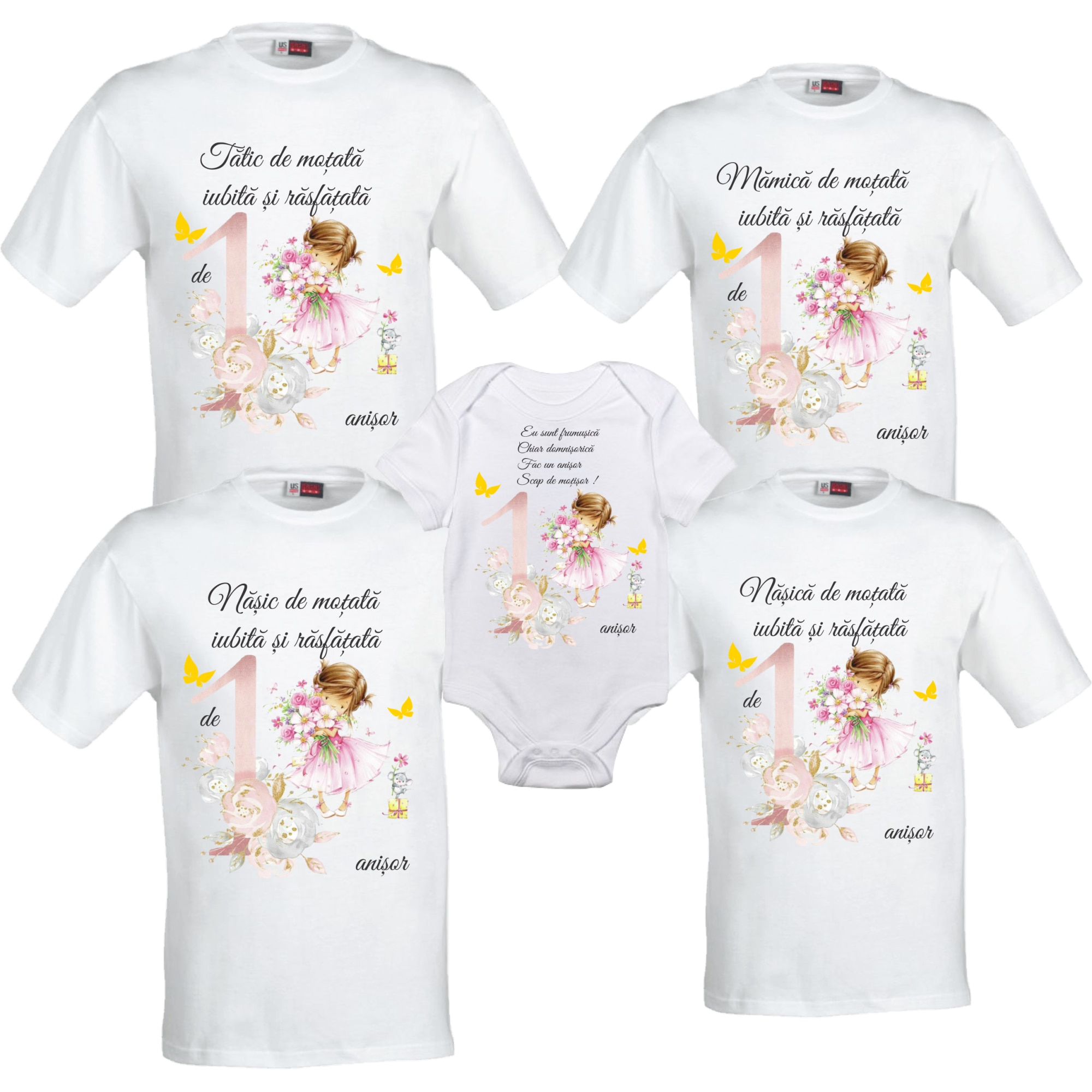 Set 4 tricouri si 1 body personalizate Aniversare 1 an, Taiere Mot ...