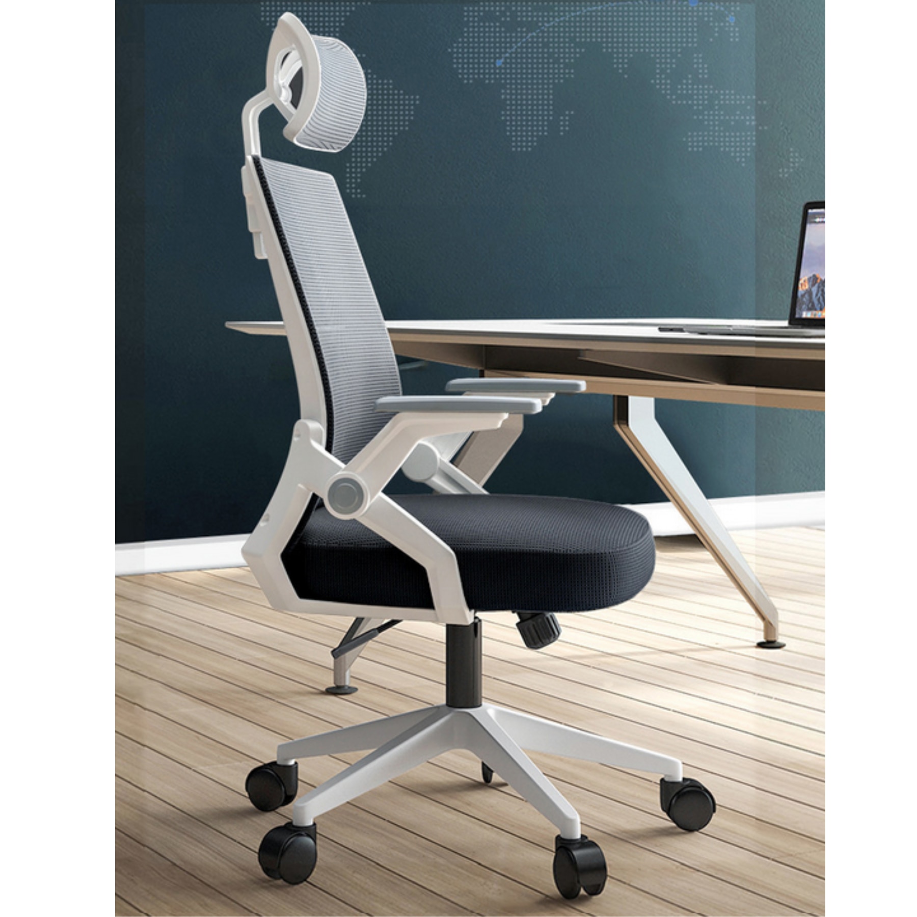 Scaun reglabil pentru Birou sau Gaming Ergonomic negru cu alb tetiera ...