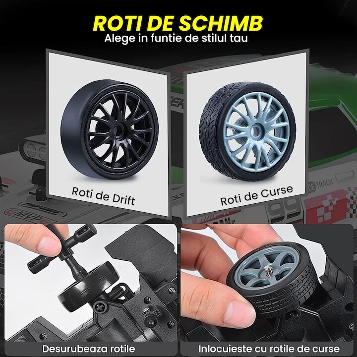 Masina RC Drift, lumini LED, anvelope interschimbabile, scara 1:16 ...