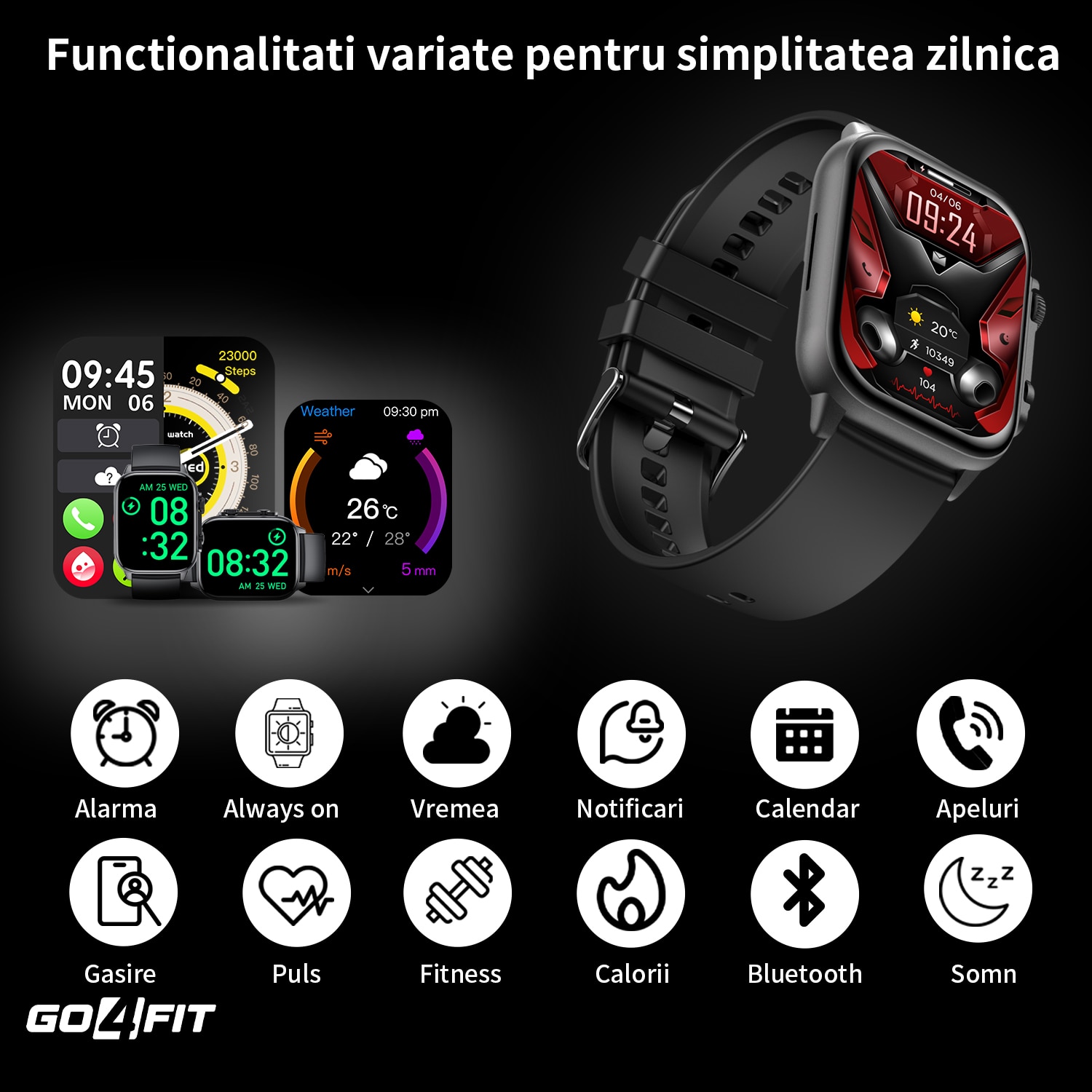 Ceas Smartwatch si Bratara Fitness GO4FIT®, Ecran Touch 1.95’’ Amoled ...