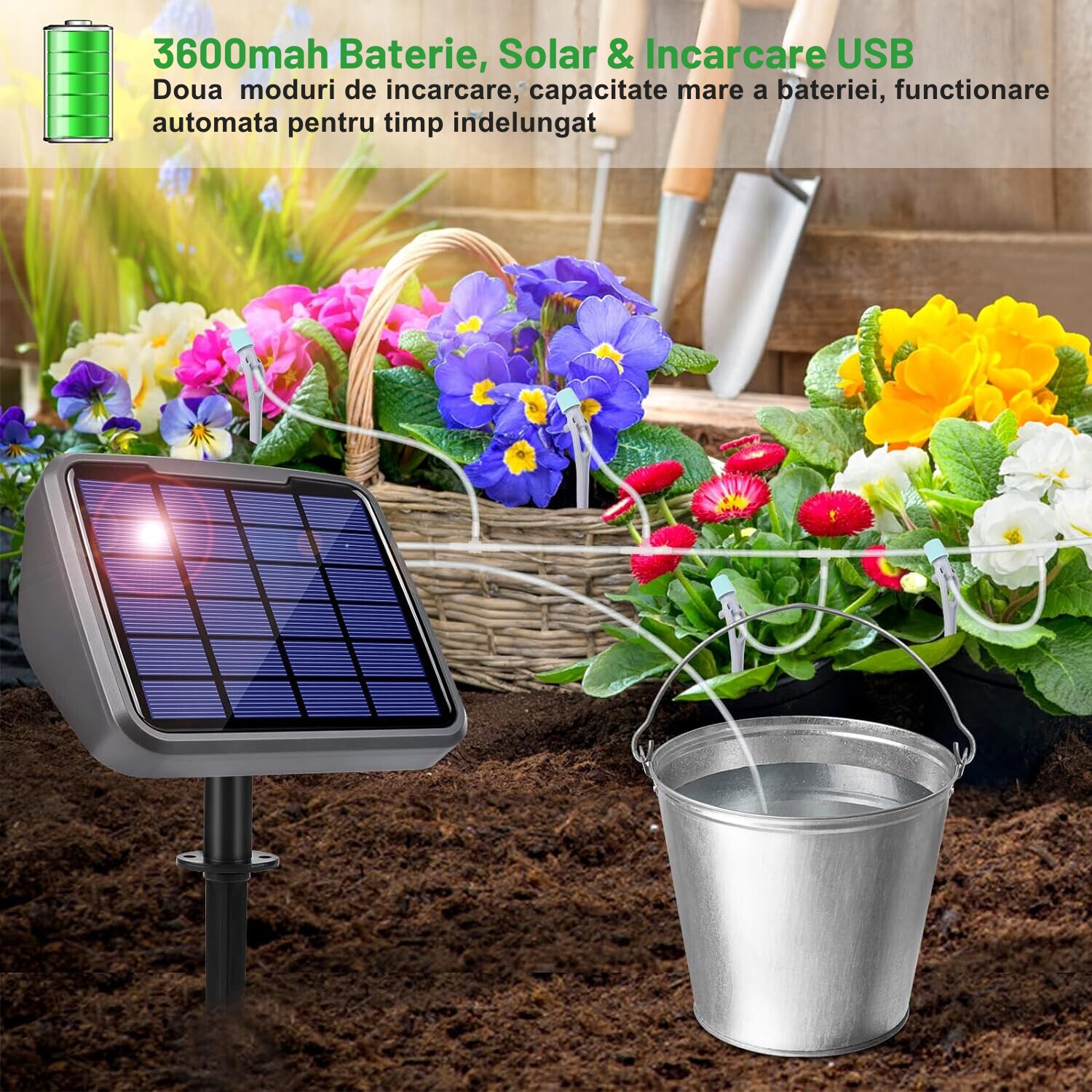 Kit de irigare prin picurare automat cu panou solar si baterie inclusa ...