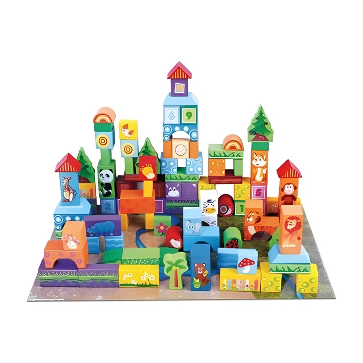 Set cuburi constructie Montessori oras cu personaje si animale, forme ...