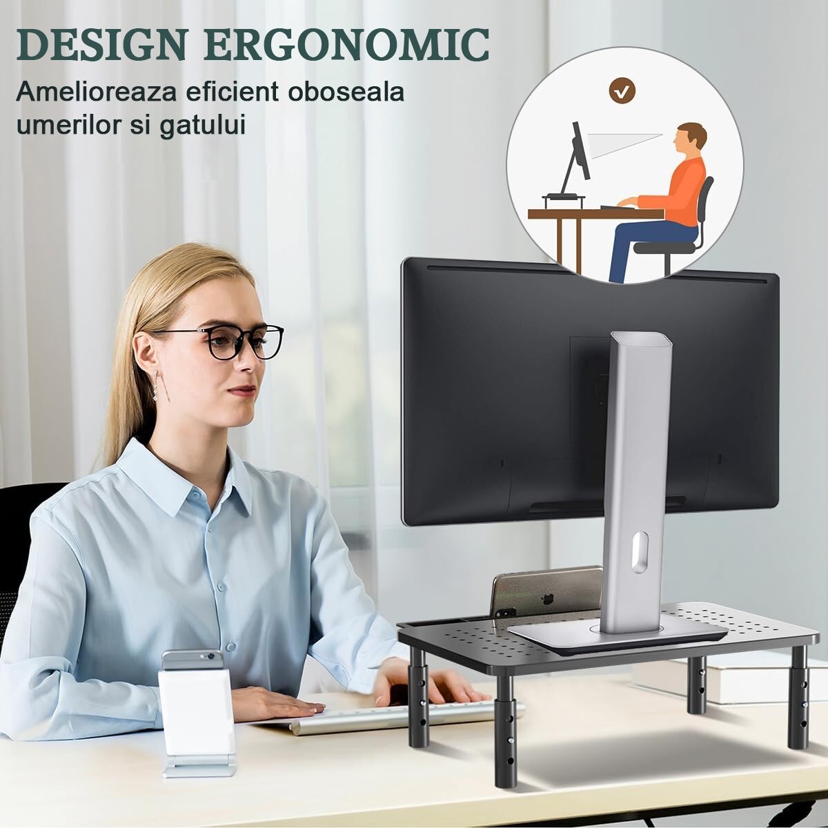 Suport Laptop Ergonomic, BYONDSELF®, Sertar Depozitare, Stand Reglabil ...