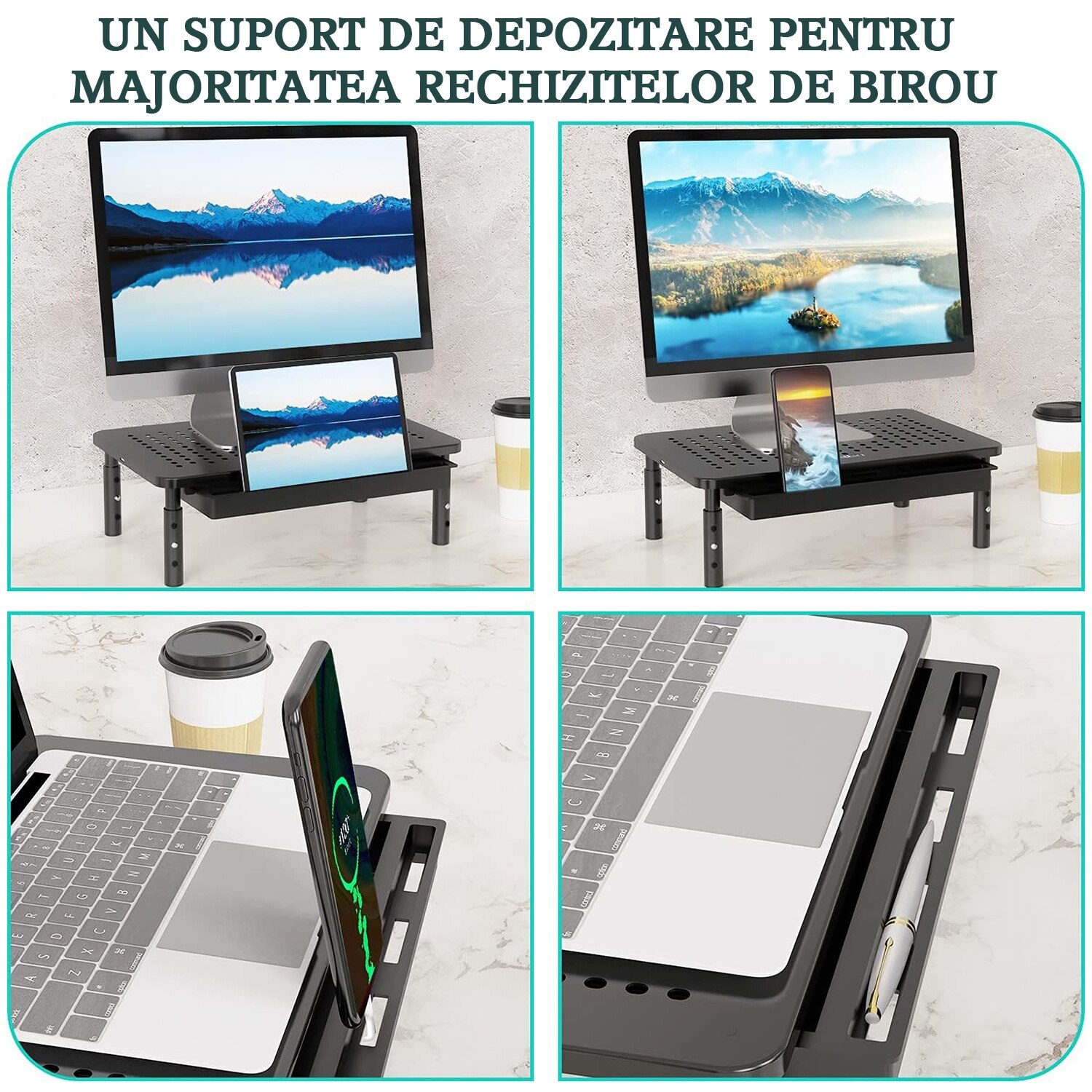 Suport Laptop Ergonomic, BYONDSELF®, Sertar Depozitare, Stand Reglabil ...