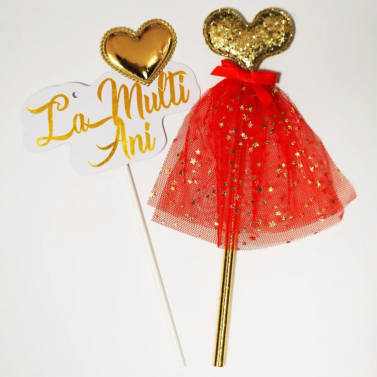 Set decoratiuni tort / Topper inimioara cu rochita rosie La Multi Ani ...