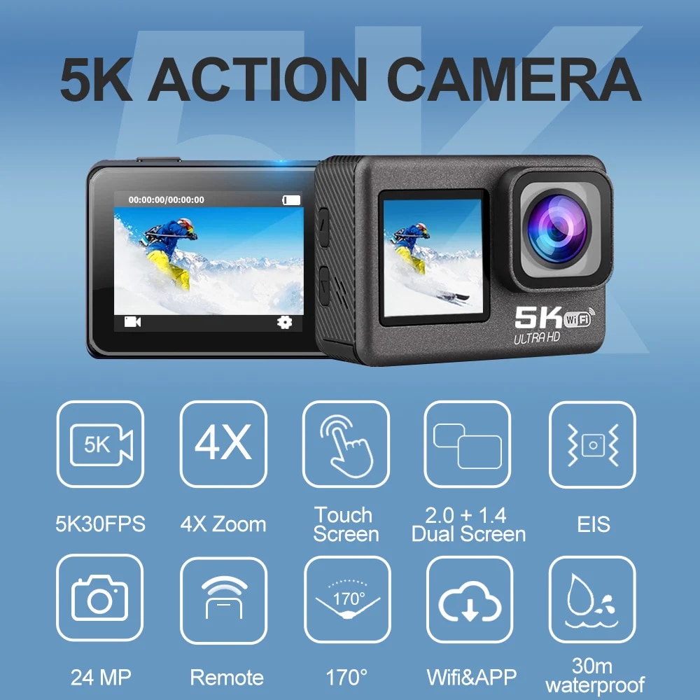Camera de Actiune Multifunctionala, 48MPX, Ecran Dublu Color Tactil IPS ...